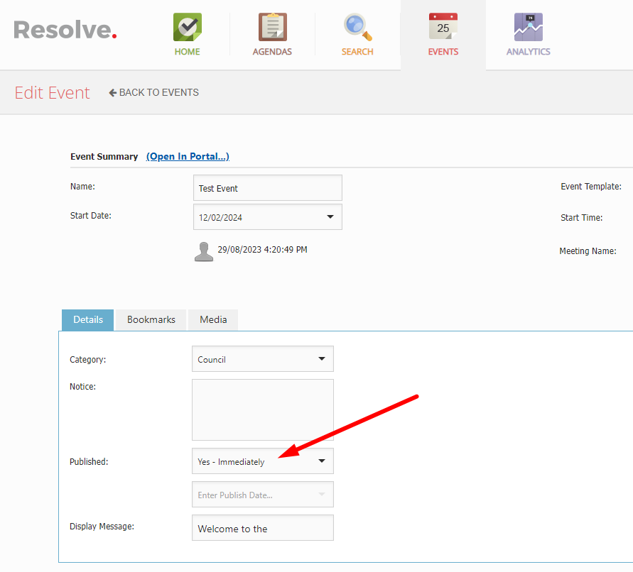 Resolve - Create Event for Video Streaming Test