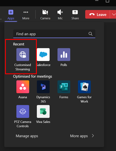 Teams Streaming using the (TEAMS)Customised streaming app